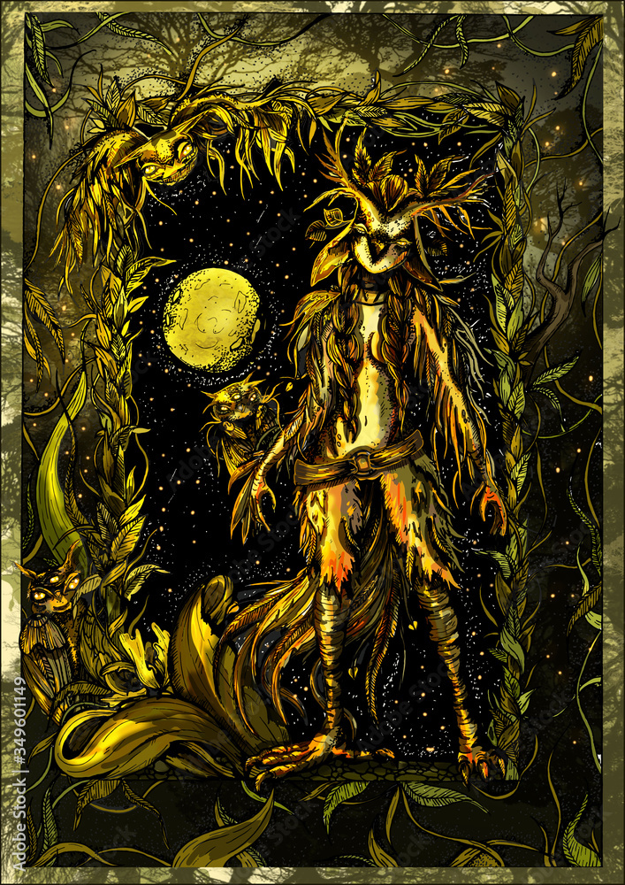 Magic owl with fluffy large ears and tail, with feathers and leaves on ...