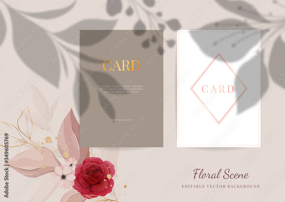 Elegant cards mockup with floral overlay shadows. Editable empty ...