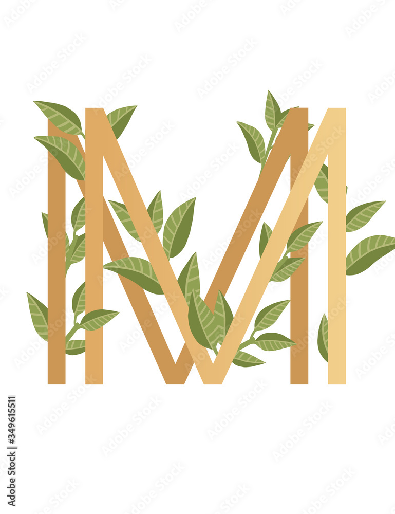 Letter M with gradient style beige color covered with green leaves eco ...