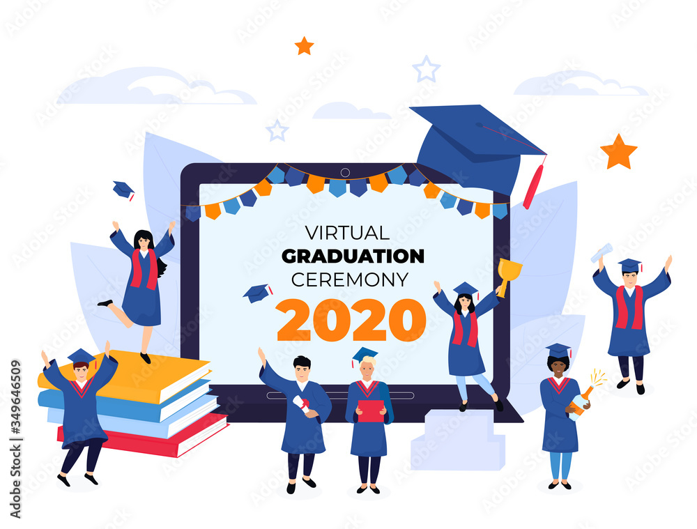 Virtual online graduation ceremony on a laptop monitor during ...