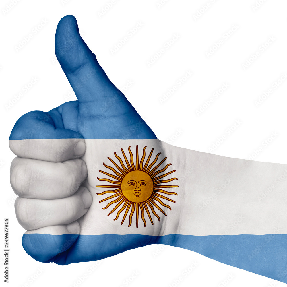 Hand with thumb up gesture in colored argentina national flag as symbol ...