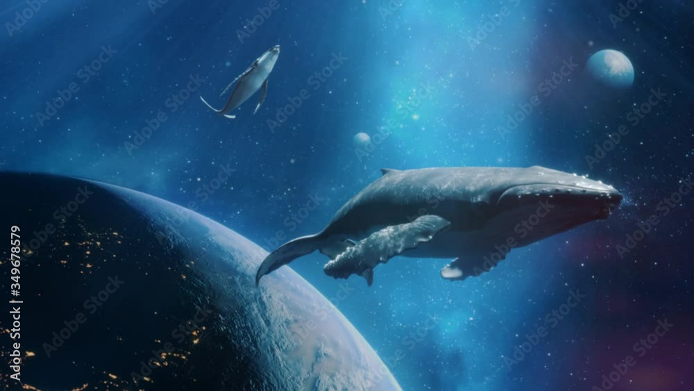 Fantastic Dream Of Flying Whales In Space With Nebula Stars And Planets ...