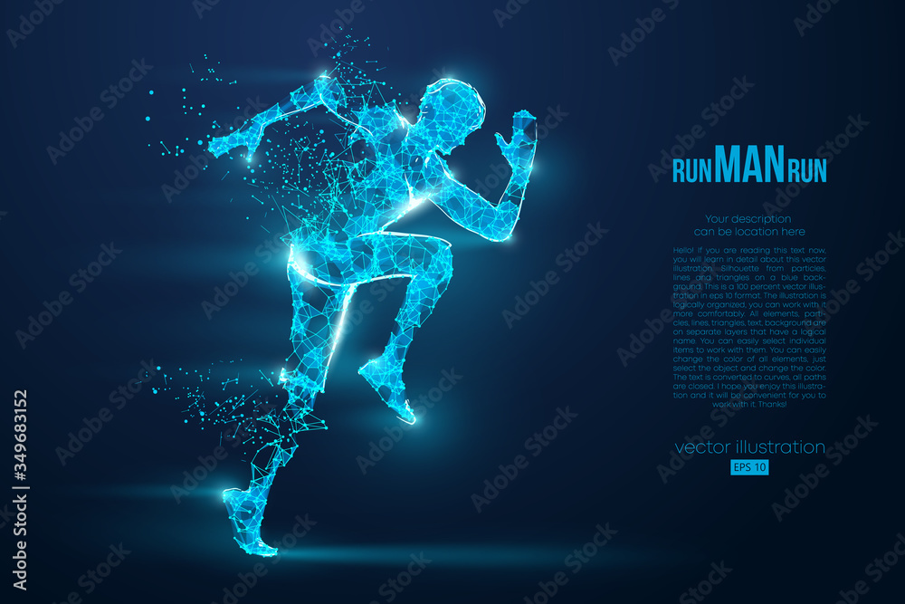 Abstract silhouette of a wireframe running athlete, man on the blue ...