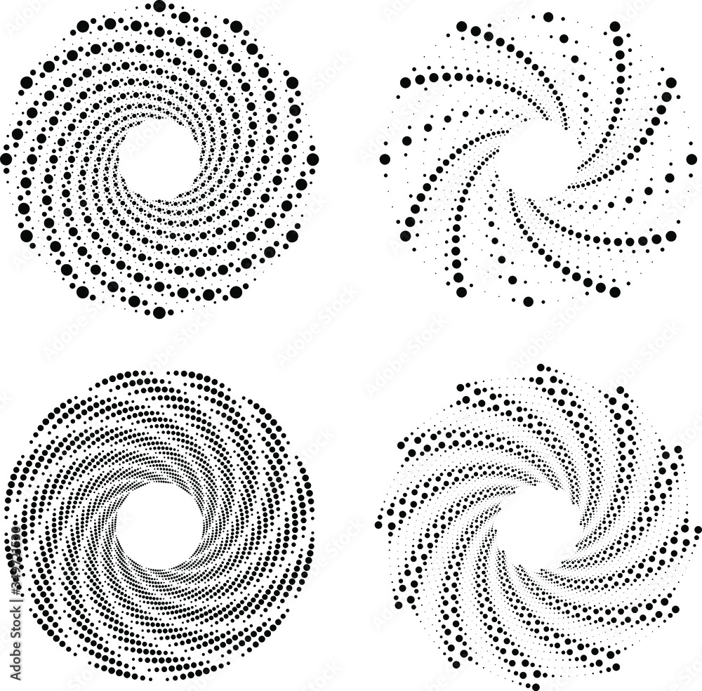 Set of abstract black speed lines in spiral form. Halftone dots. Trendy ...