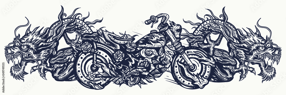 Biker art. Burning chopper motorcycle and asian dragons. Lifestyle of ...