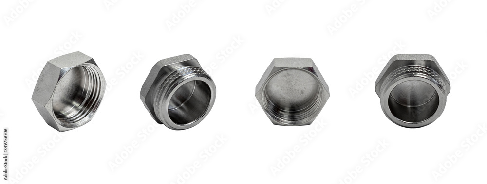 Set of metal plugs (caps) in different angles of male threaded and ...