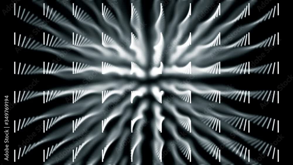 Background of lines extending into depth of black backdrop. Animation. Colored lines create 3D ...