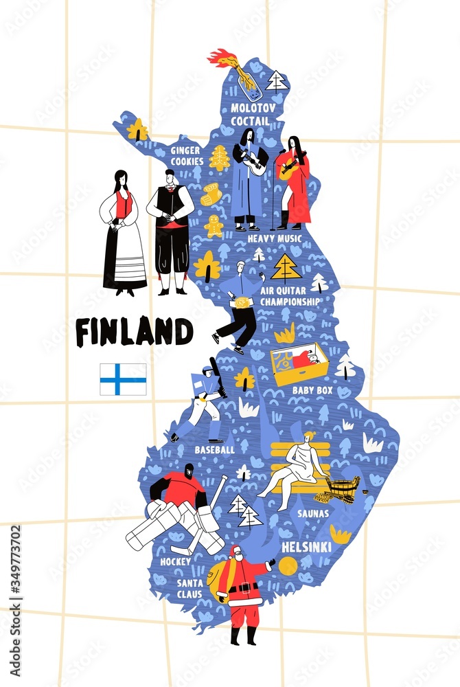 Finland map flat hand drawn vector illustration flag. Names lettering ...