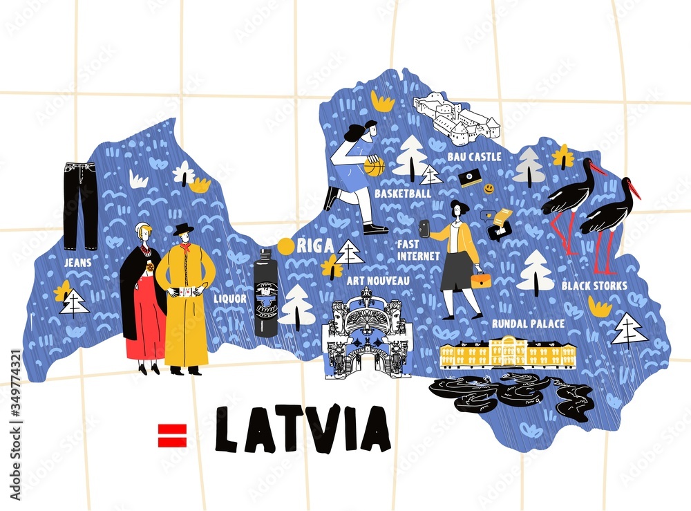Latvia map flat hand drawn vector illustration flag. Names lettering ...