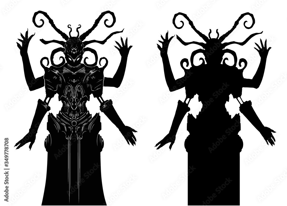 A mystic demon with many arms and horns engaged in a spiral, his eyes ...