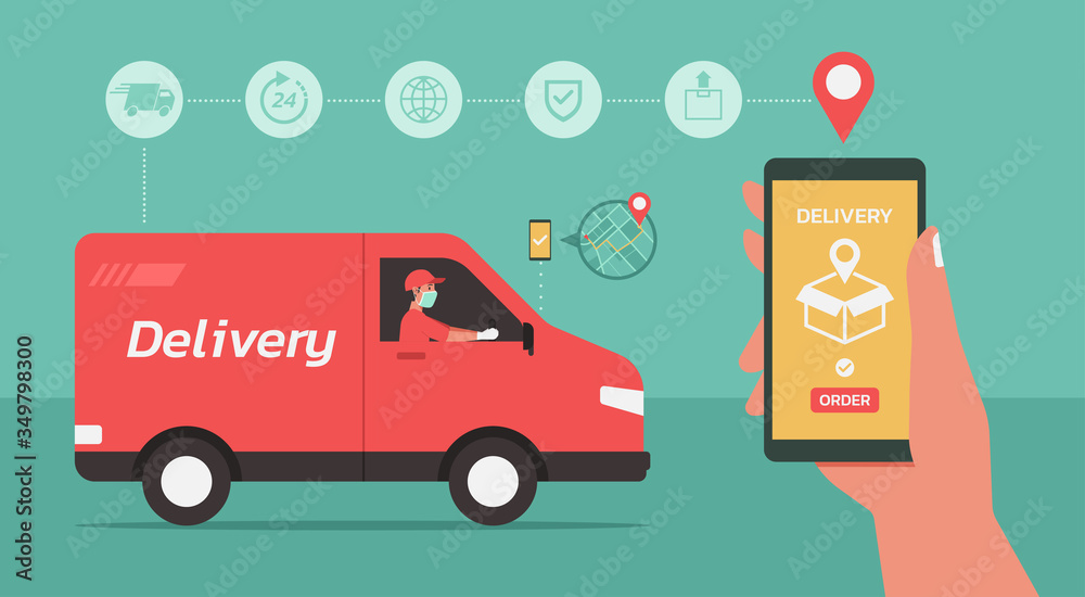 Online delivery van service concept, man delivering box, finding map on ...