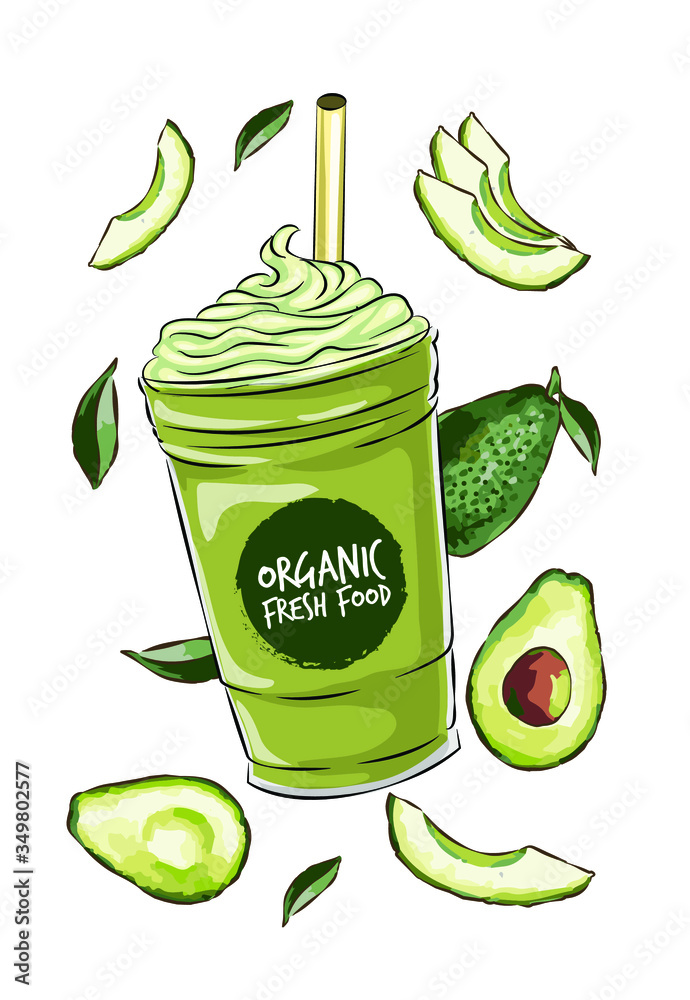Vector illustration of vegan detox smoothie. Hand drawn recipe of ...
