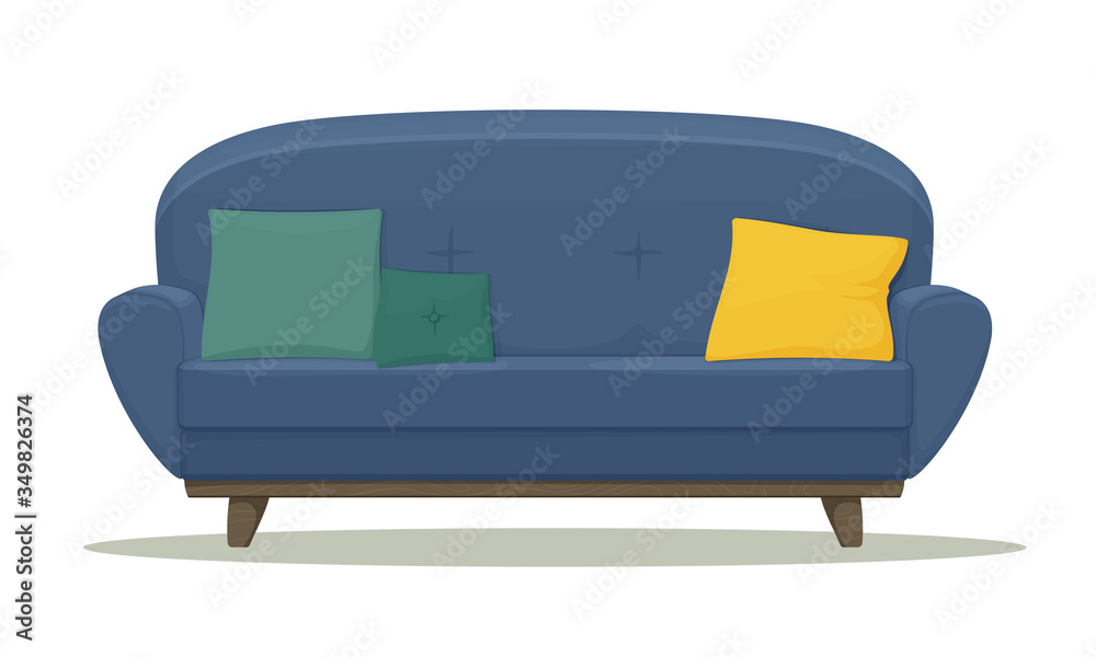Comfortable blue couch with variegated cushions isolated on a white ...