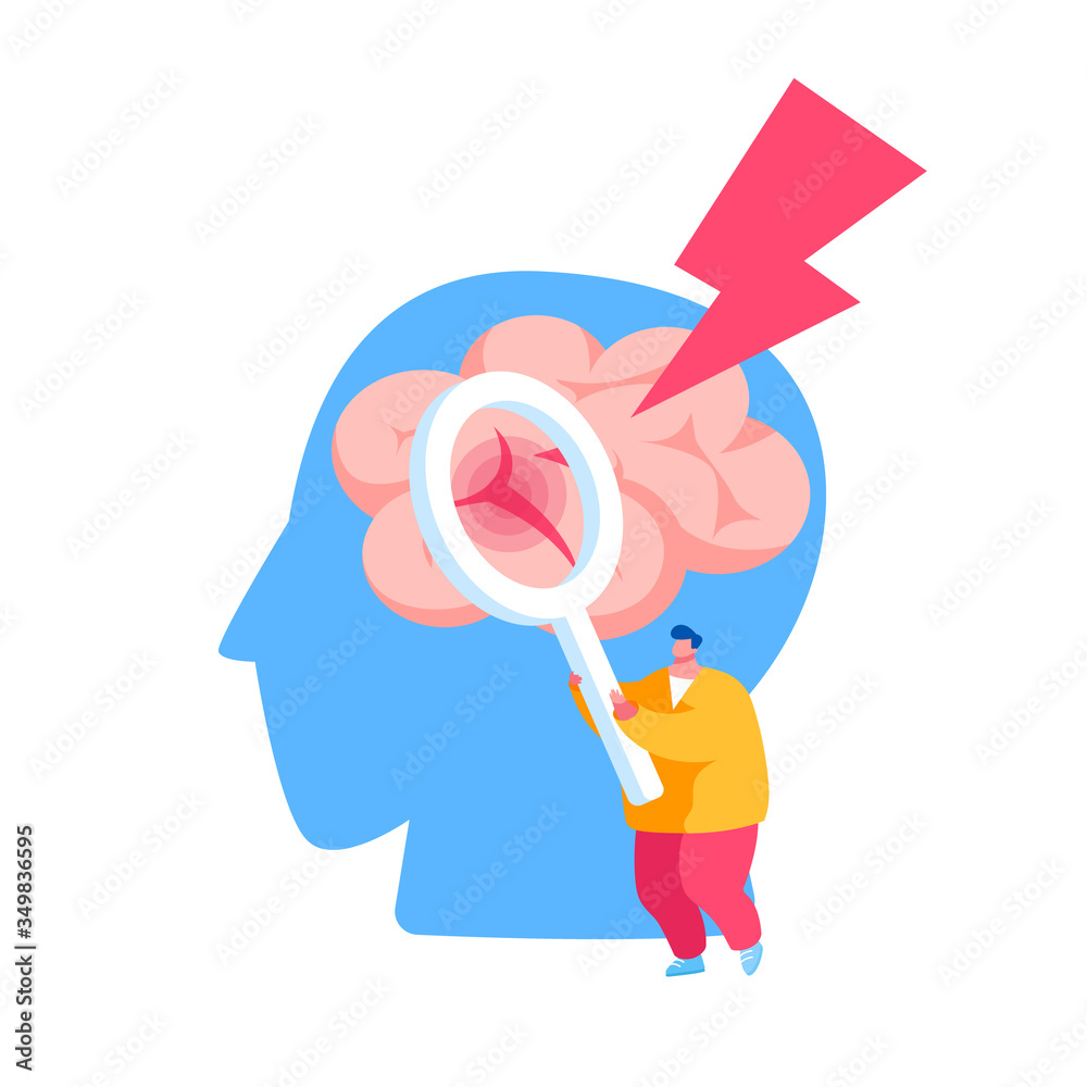 Tiny Male Character Holding Magnifying Glass Looking on Huge Human Head ...