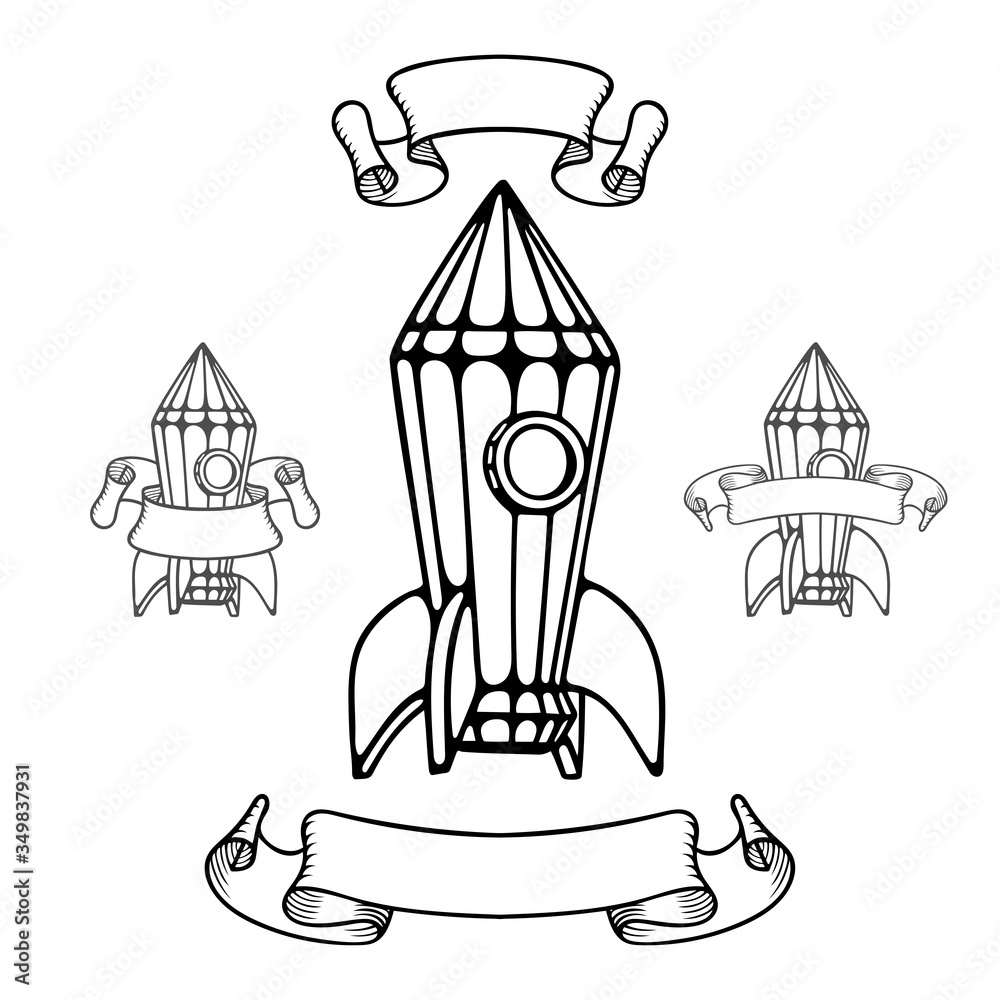 Rocket sketch drawing. Old style space ship and vintage banners hand ...