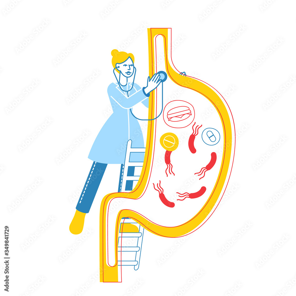 Gastroenterology Concept. Female Doctor Character Stand on Ladder with ...