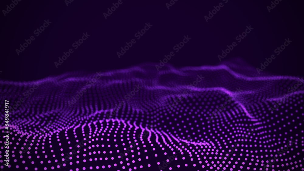 Dynamic particles wave. Purple dots on black background. Digital ...