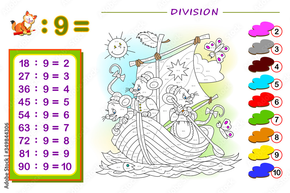 Exercise for kids with division by number 9. Paint the illustration ...