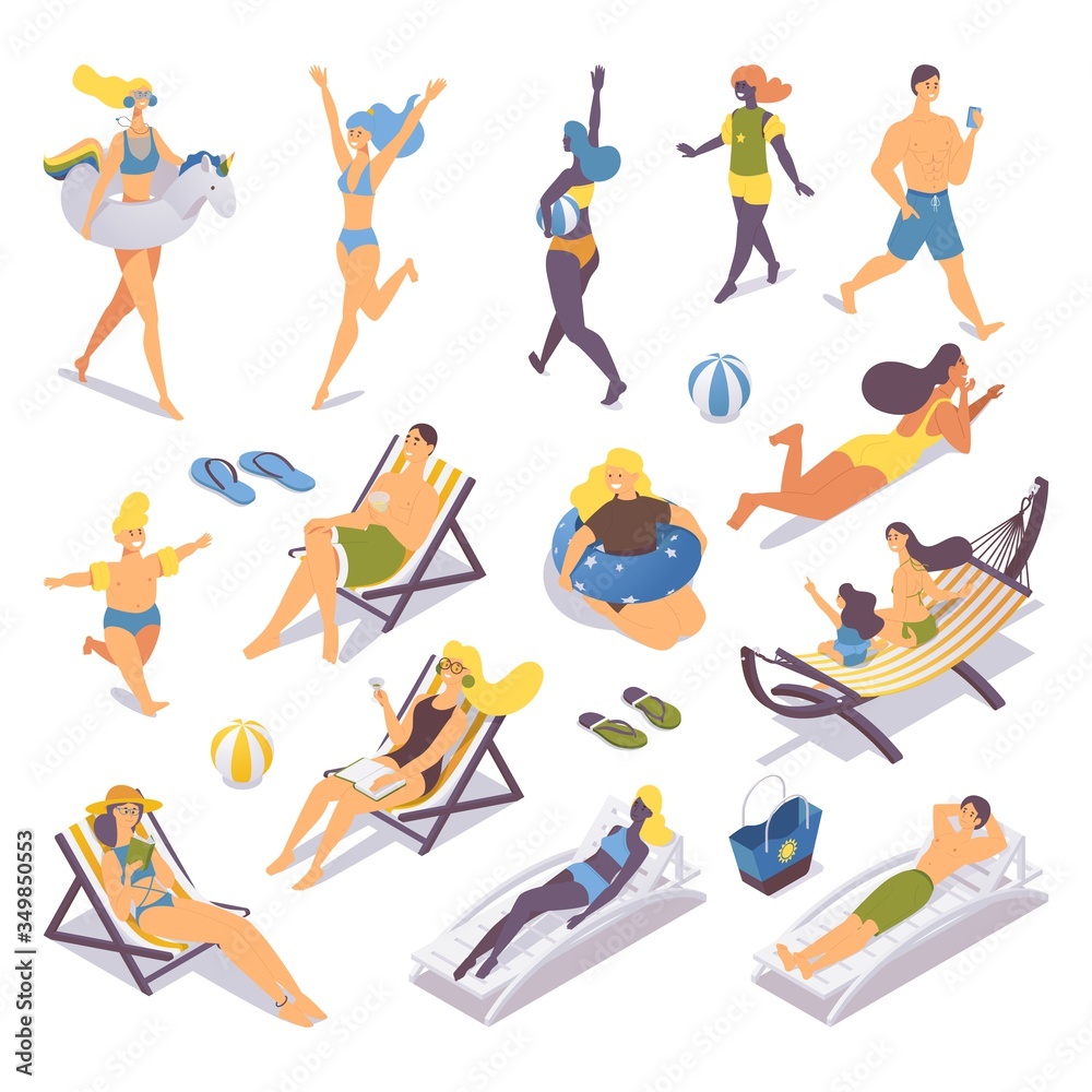 Various people of different age and ethnicity relaxing at beach resort ...