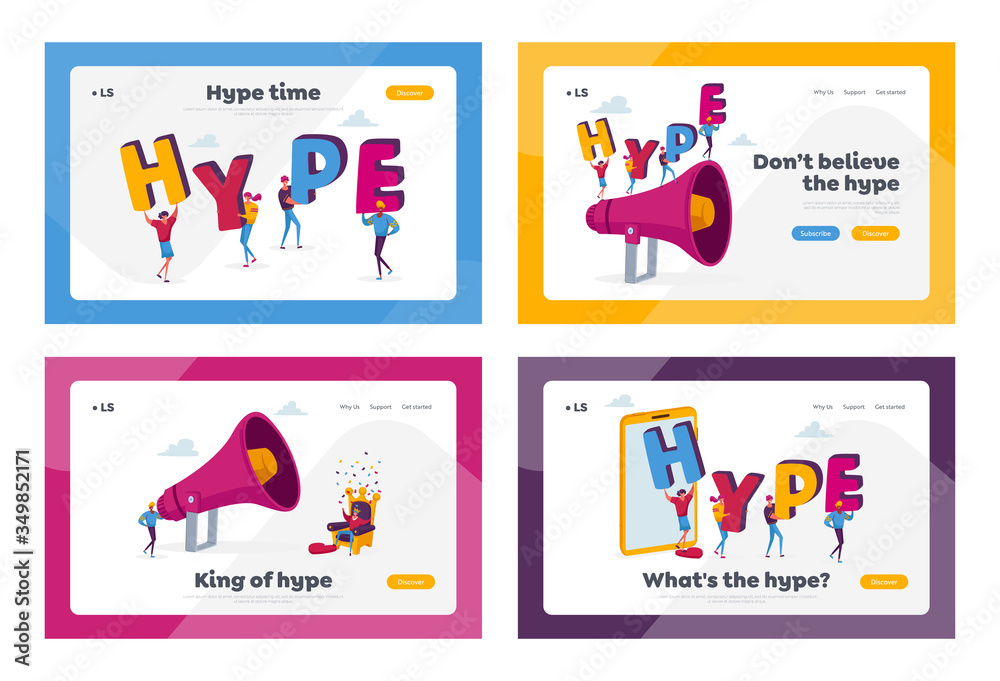 Hype, Viral Internet Content Landing Page Template Set. Tiny Characters ...