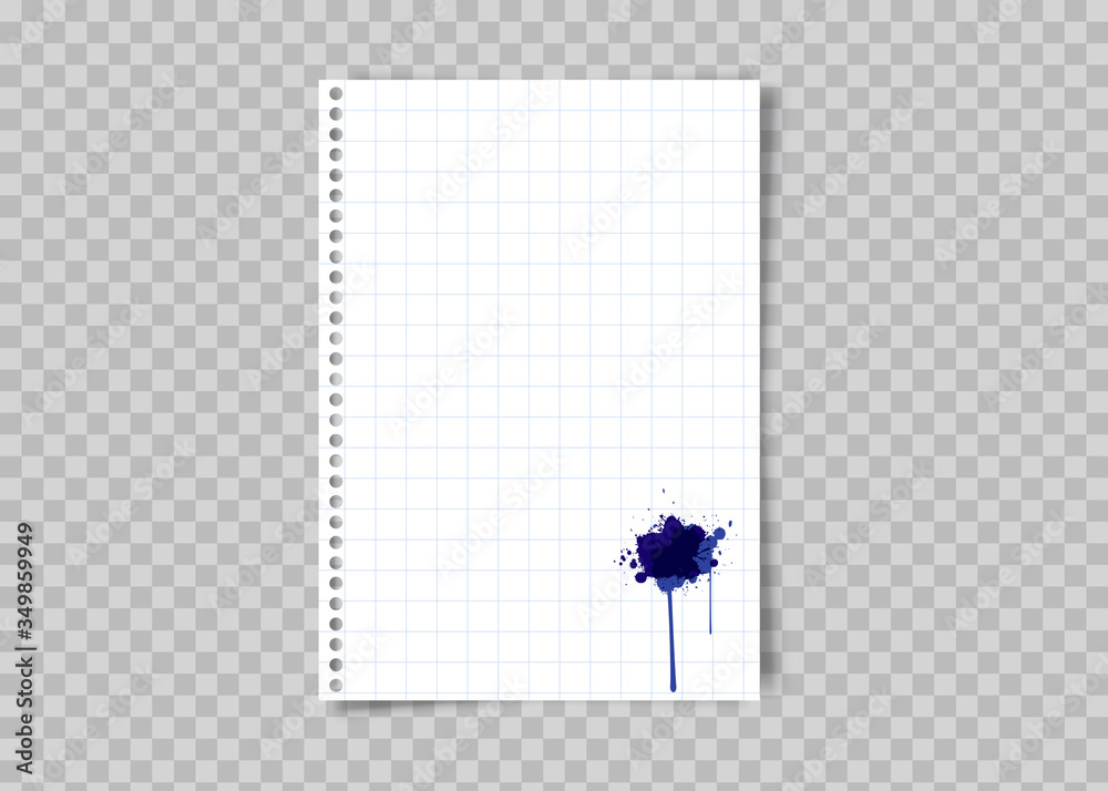sheet of squared paper with blue ink stain. Realistic blank lined paper ...
