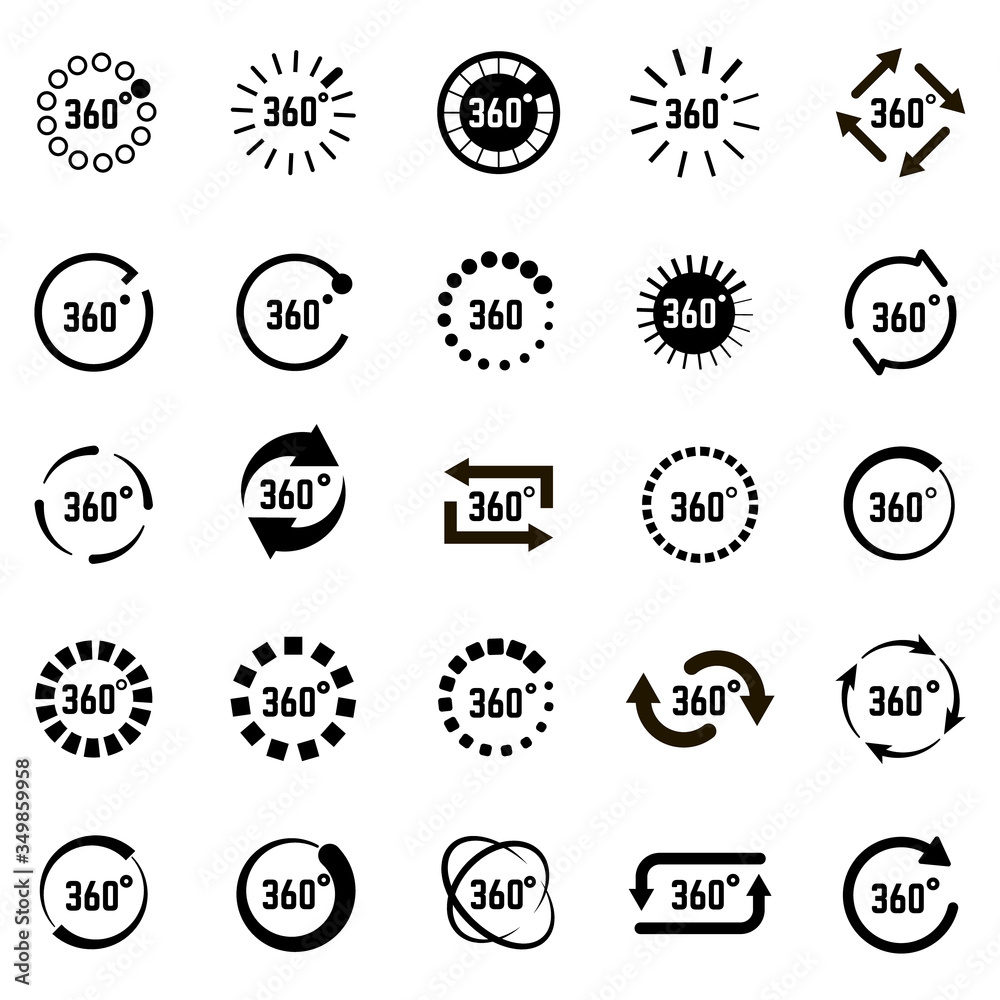 Circle 360 degrees icons. Circle arrow 360 degree panorama sign, VR ...