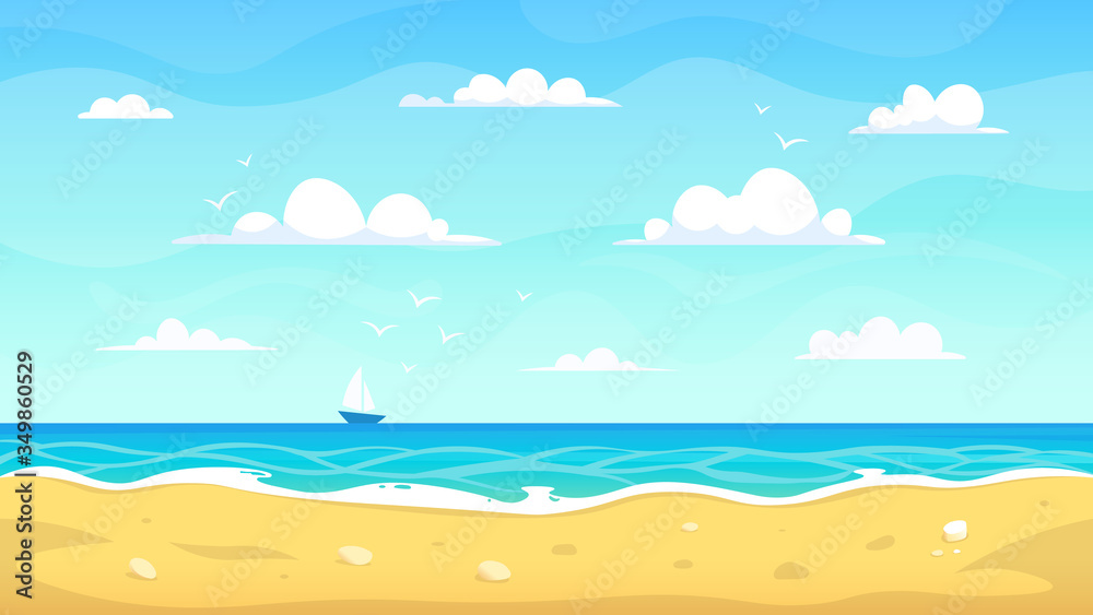 Cartoon beach landscape. Summer ocean sandy seashore, vacation tropical ...