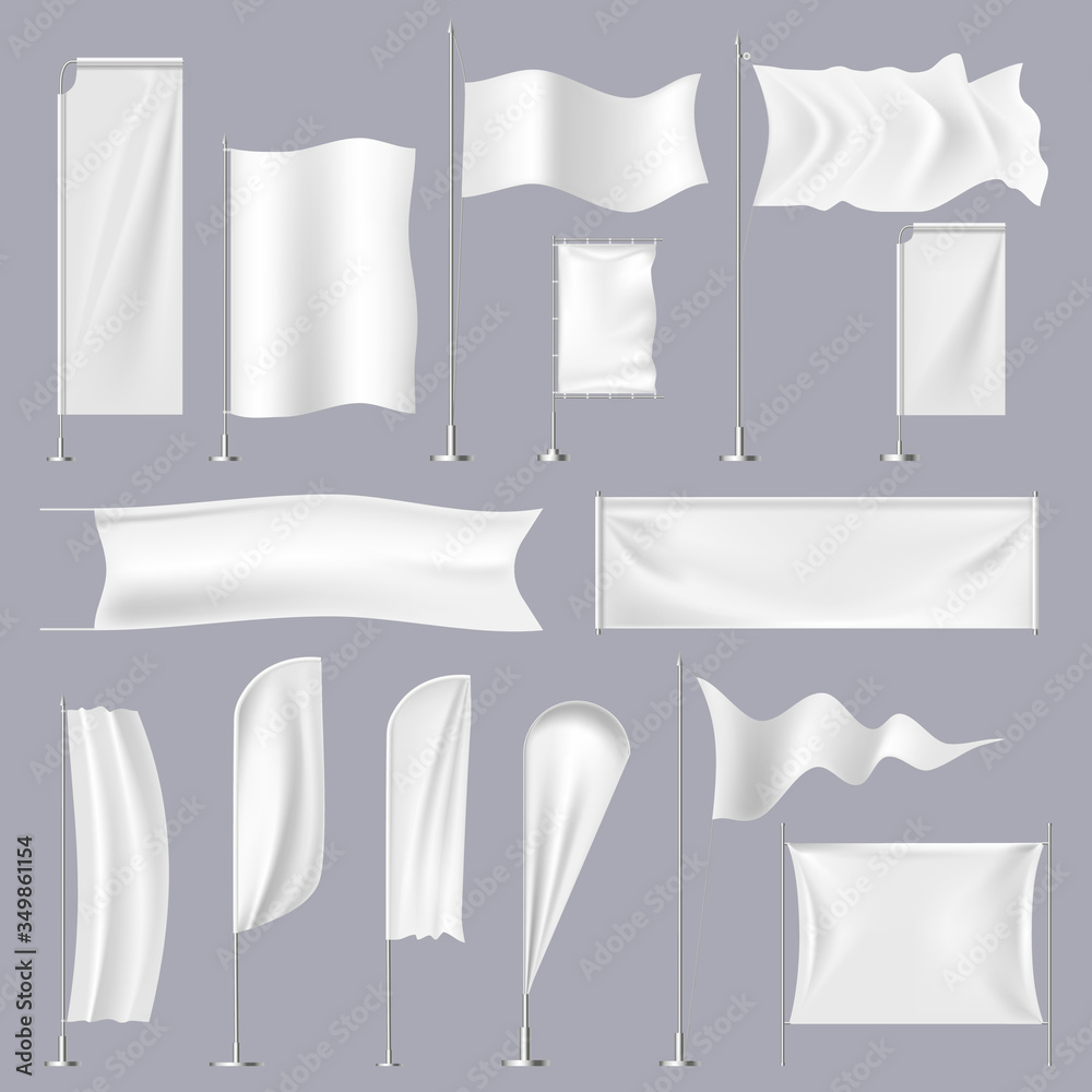 Realistic flags. Textile beach waving flag on flagpole, empty banners ...
