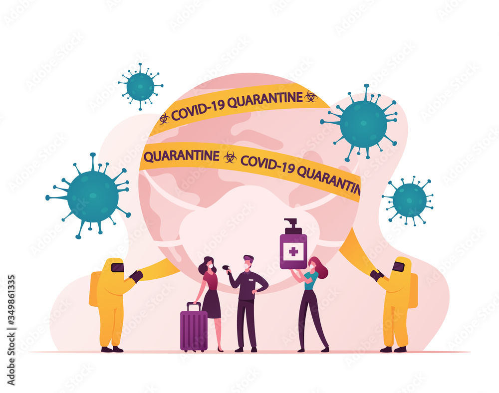 Quarantine Concept. Characters with Luggage Stand at Earth Globe ...