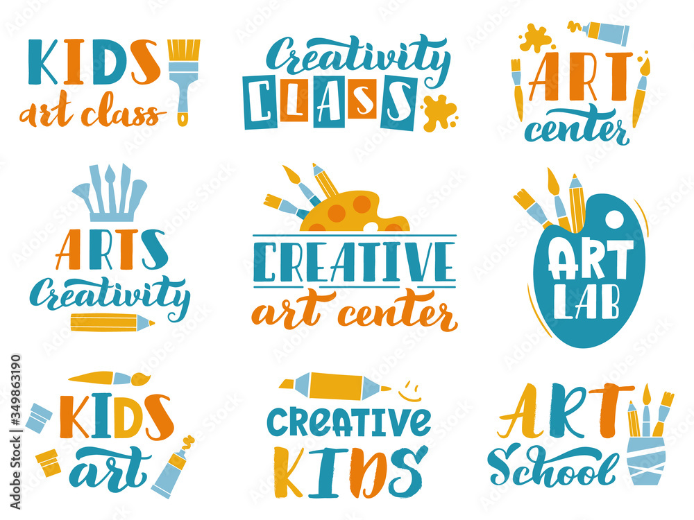 Creative art lettering. Kids art class or studio handwritten labels ...