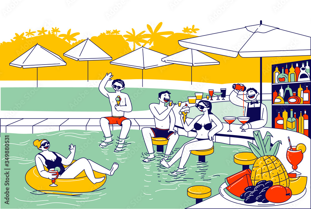 Young Characters in Swimming Pool with Parasols and Bar Have Fun ...