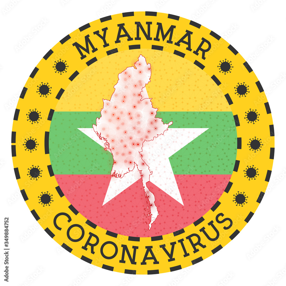 Coronavirus in Myanmar sign. Round badge with shape of Myanmar. Yellow ...