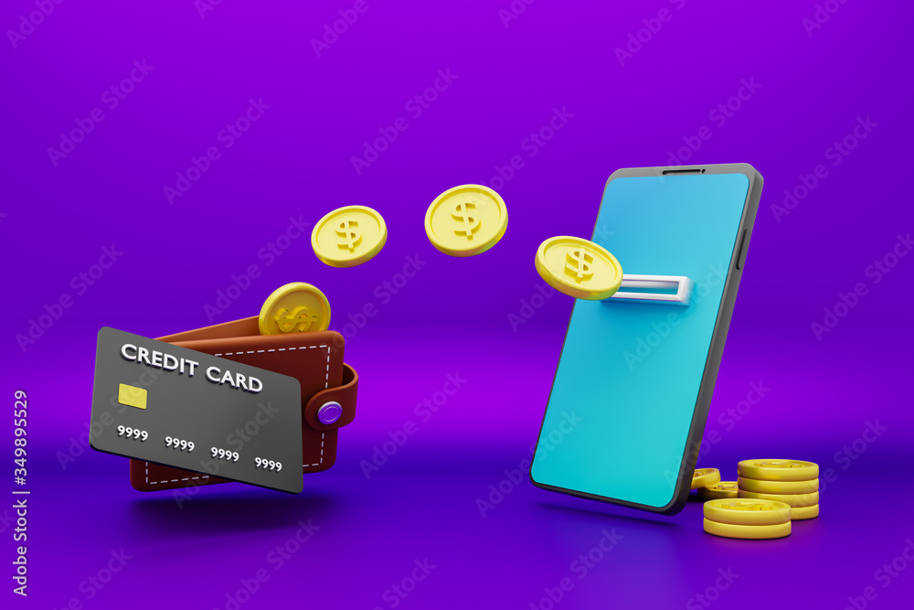 Money transfer with wallet and smartphone.3D render. Stock Illustration ...