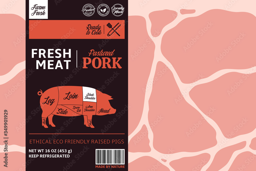 Vector pork label design. Pig icon. Meat background. American (US) cuts ...