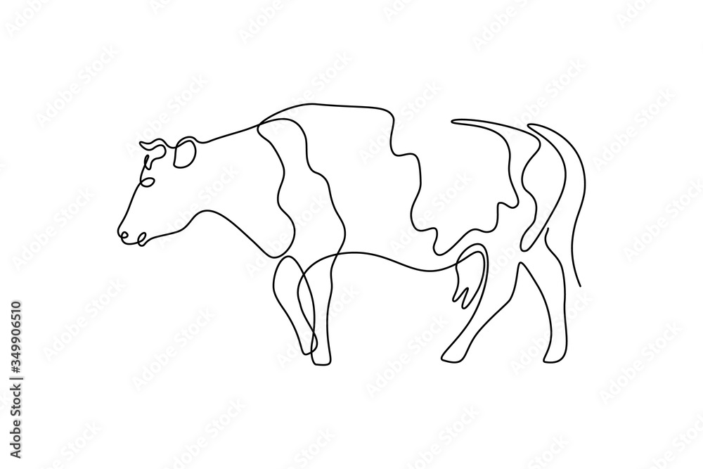Cow in continuous line art drawing style. Spotted cow walking ...