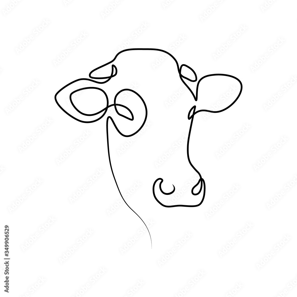 Cow head in continuous line art drawing style. Minimalist black linear ...