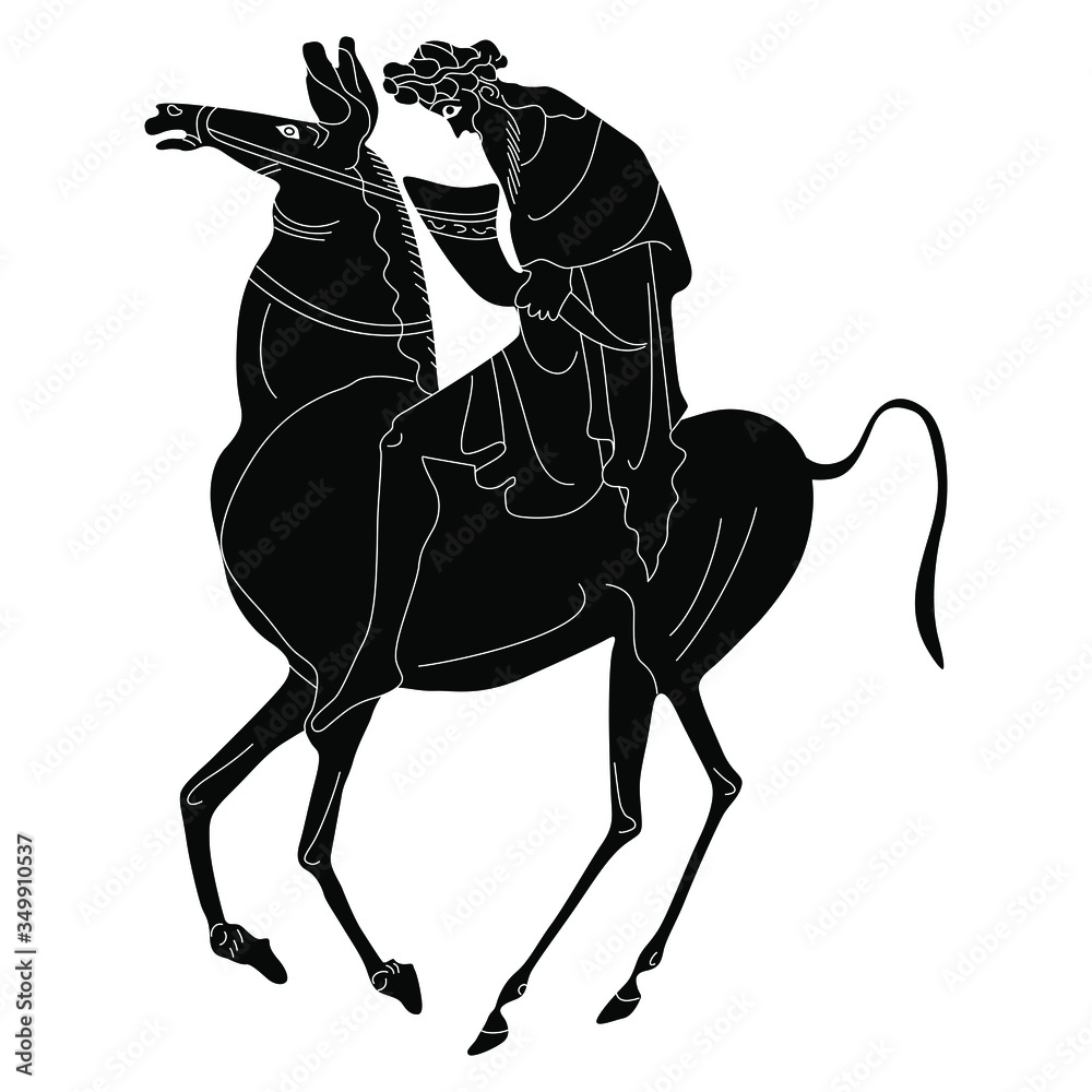 Ancient Greek rider. God Dionysus riding a horse and holding rhyton of ...