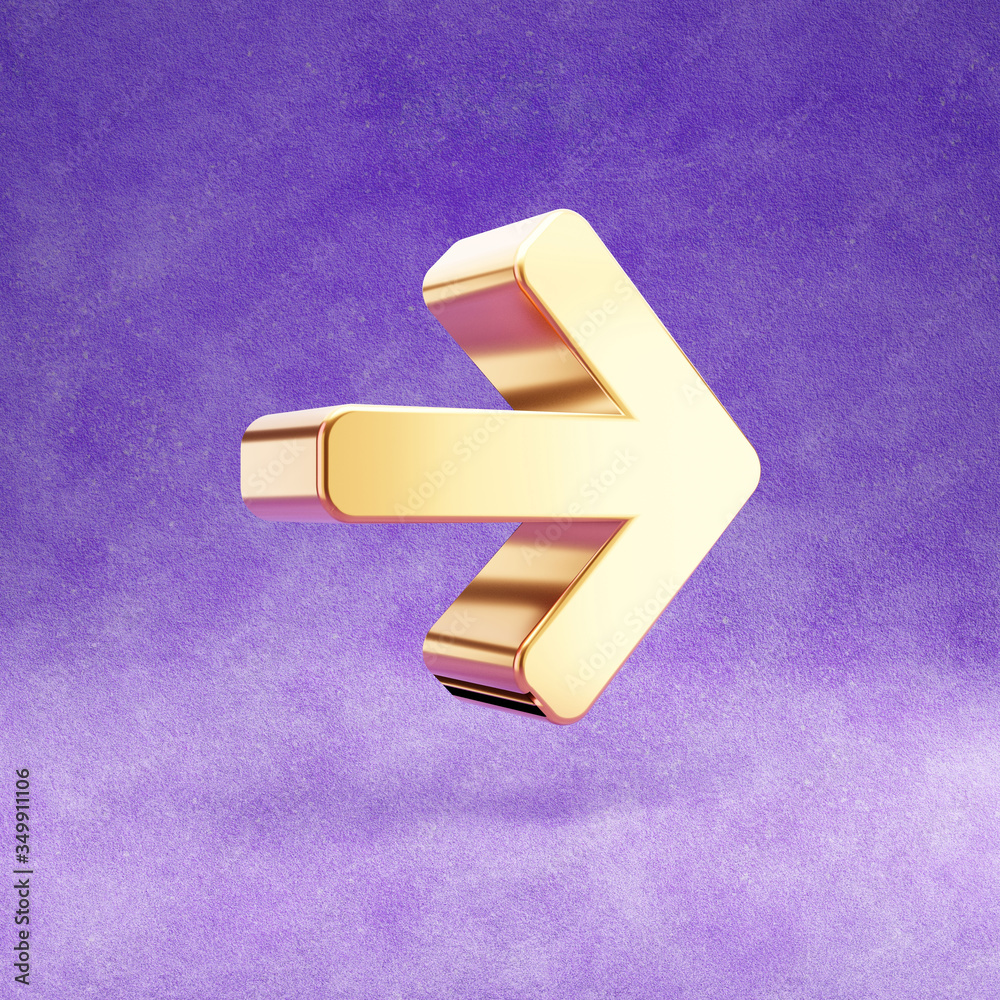 Arrow right icon. Gold glossy Arrow right symbol isolated on violet ...