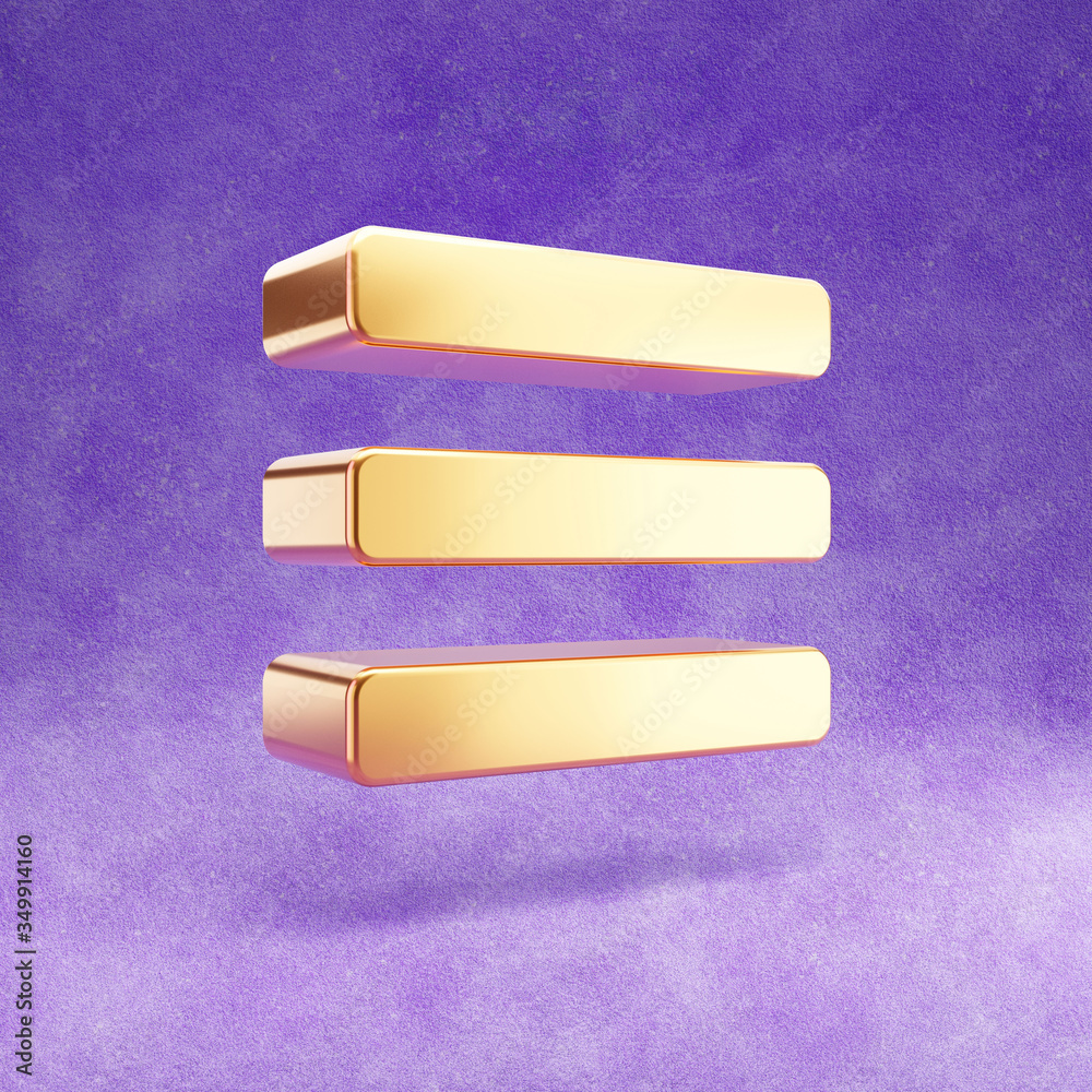 Burger menu icon. Gold glossy Burger menu symbol isolated on violet ...