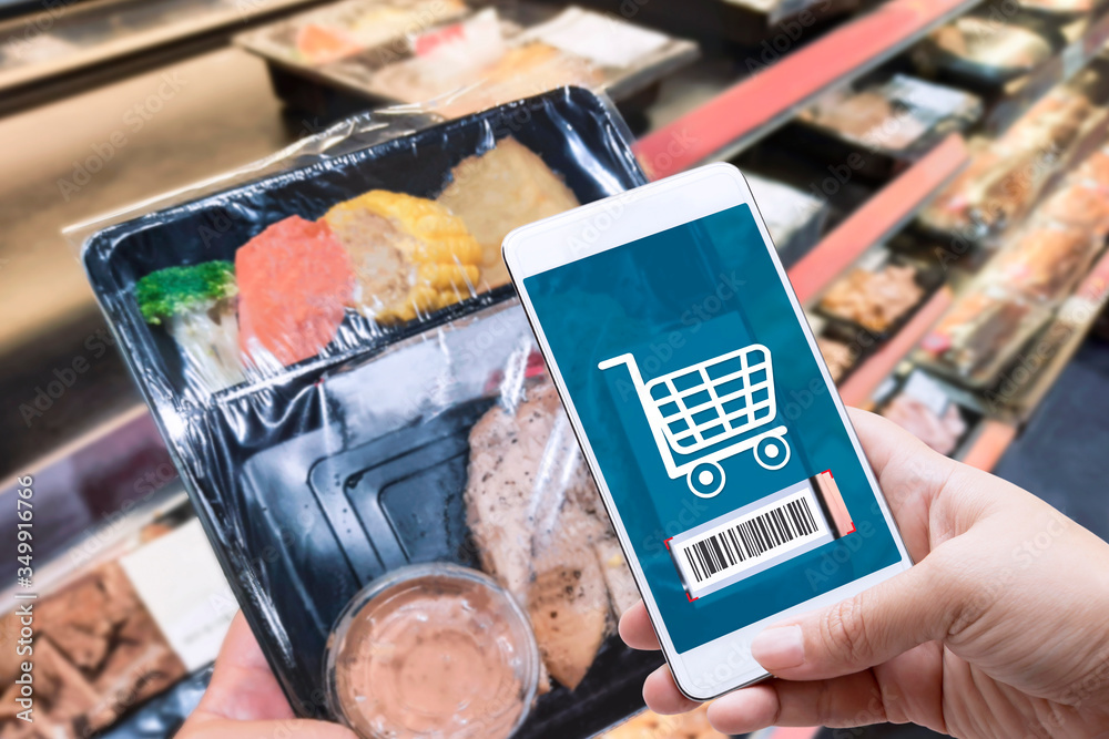 Online order grocery shopping on touch screen for ready meal food ...