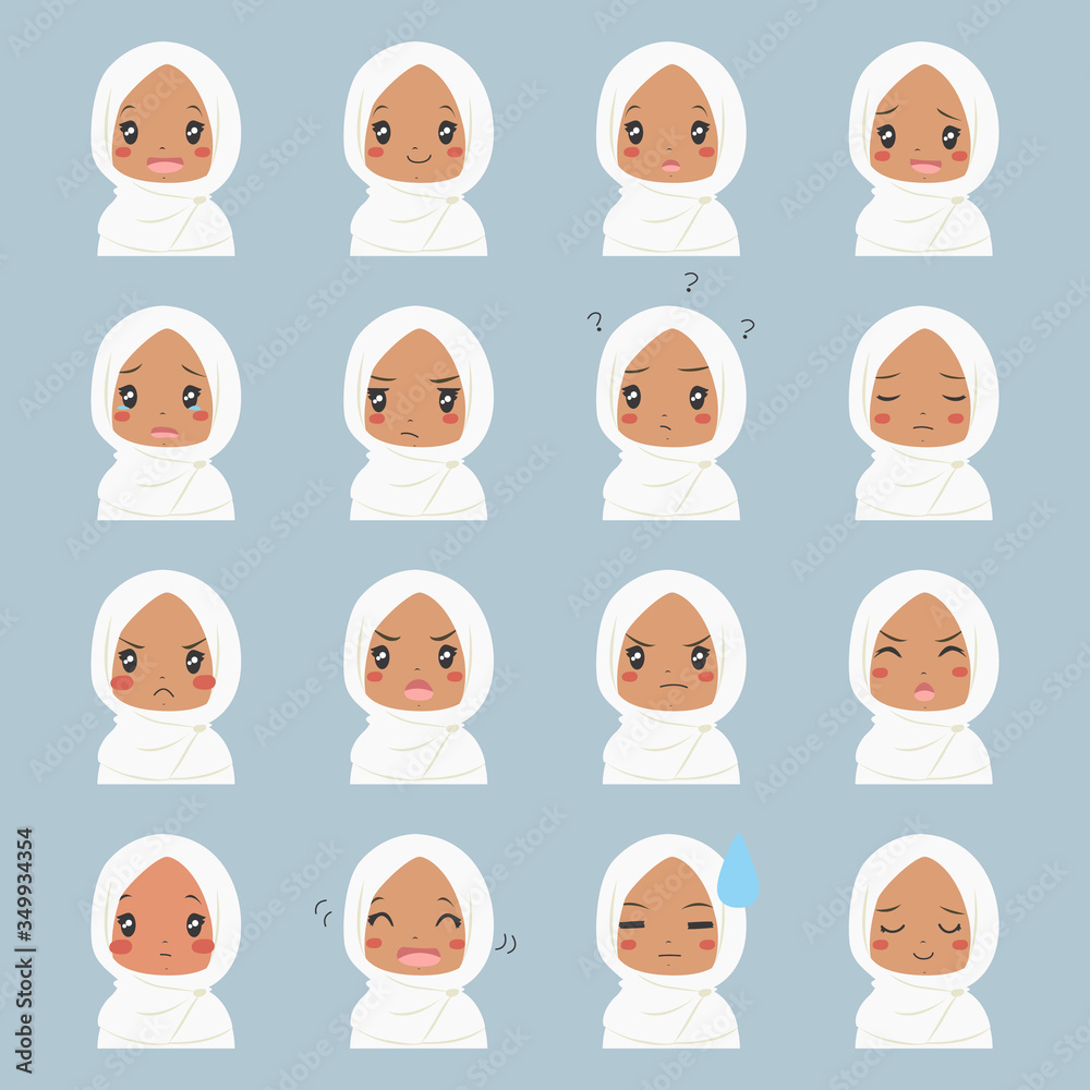 Cute half body Muslim African American girl with different emotions ...