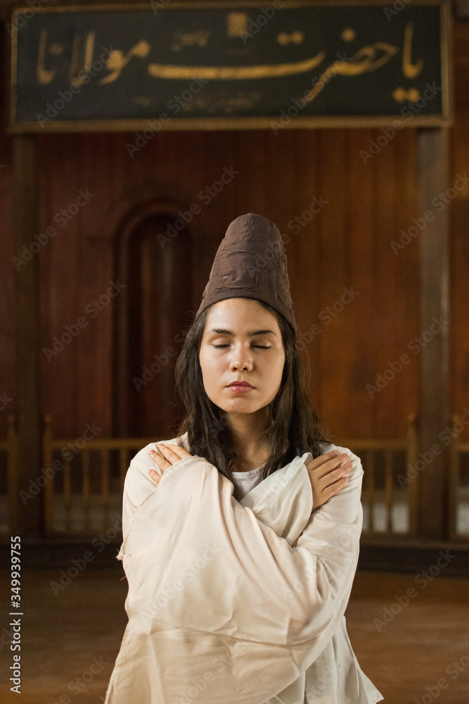 Portrait for a Sufi whirling woman dancer wearing white dress (Turkish/Semazen) performing art ...