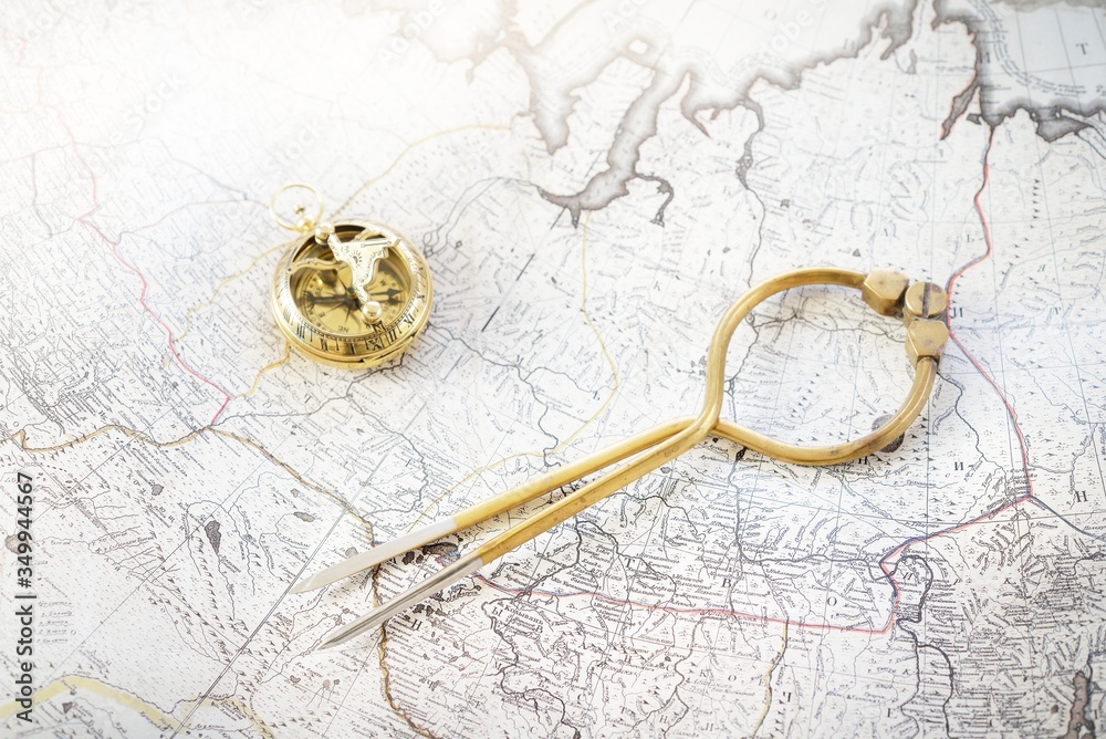 Retro styled golden compass (sundial), antique vintage W & HC 6" brass ...