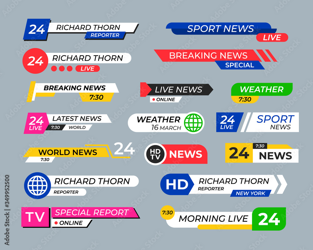 Broadcasting screen bars flat headers collection. Modern breaking news ...