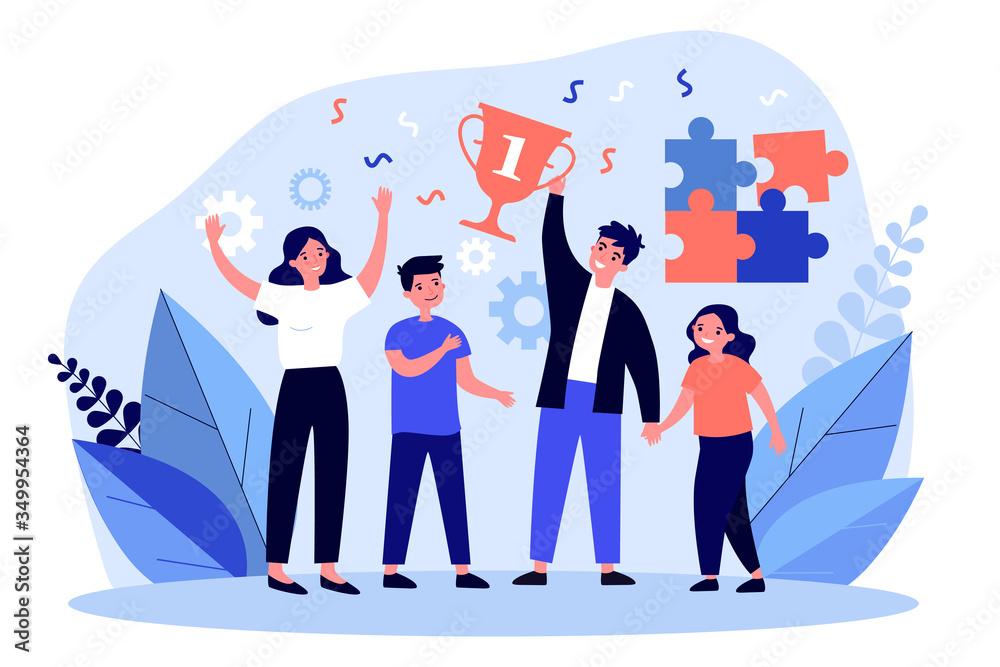 Happy parents and children celebrating success. Family contest ...