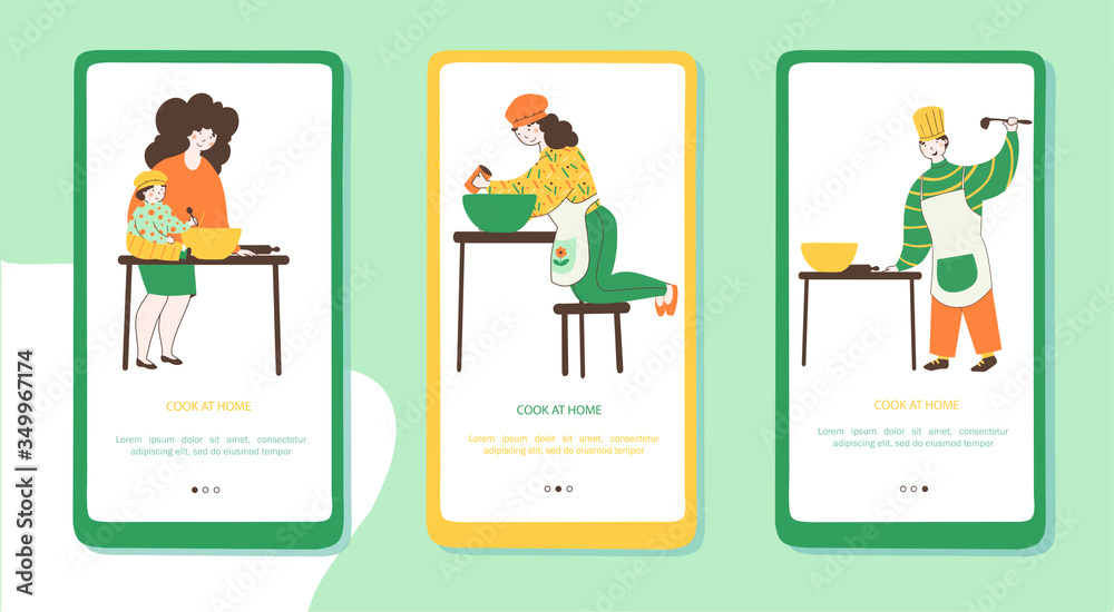 Family cook together, onboarding mobile app page screens set. Family ...