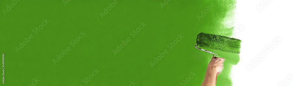 Human hand with a large roller of paint begins to paint a white wall ...