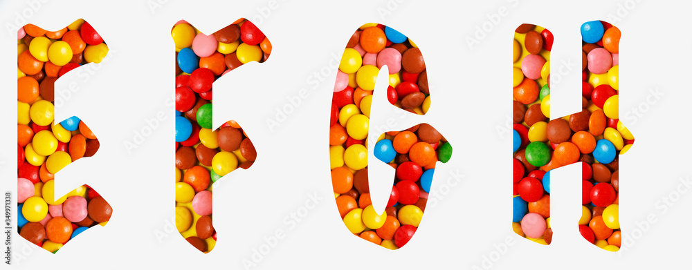 candy alphabet font e,f,g,h, made of real colored candy cut letter ...