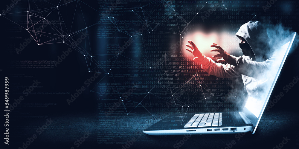 hacker coming out of the screen. steals information. Stock Photo ...