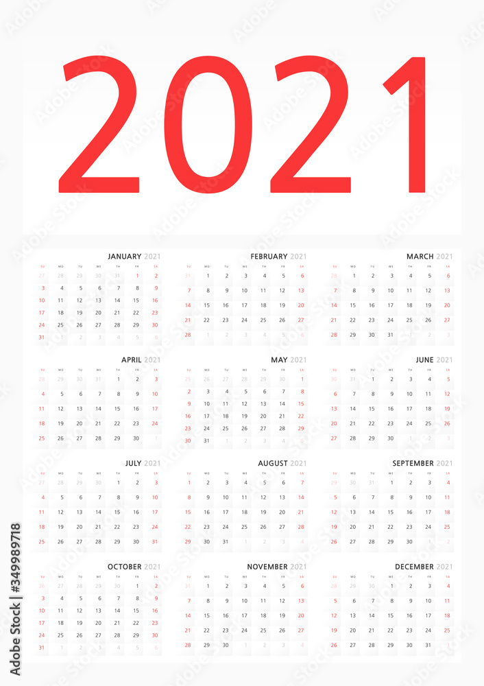 Wall calendar template for 2021 in a classic minimalist style. Week ...